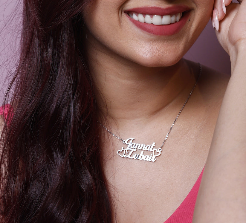 Name Necklace With Double Heart – Jzee Jewellery